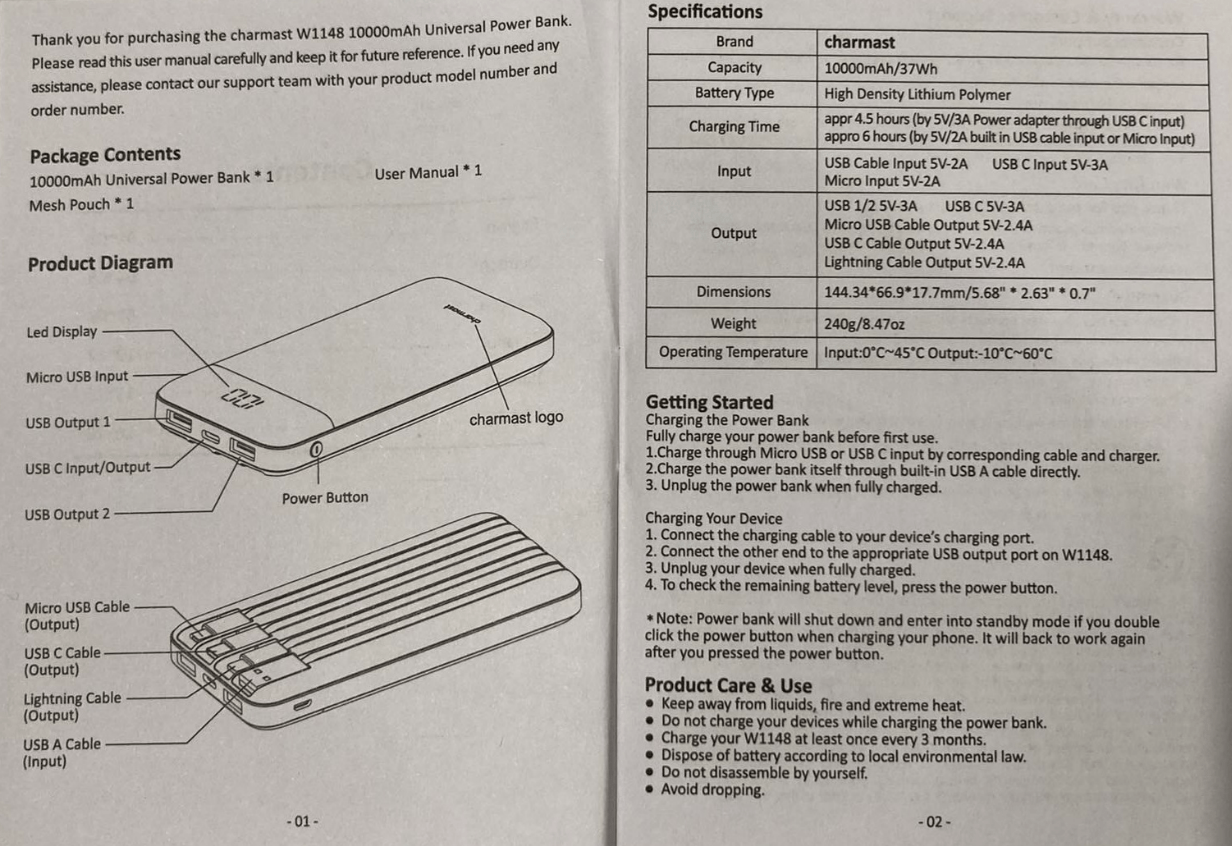 Review: Charmast 10000mAh Power Bank with Built-In cables (‎W1148)